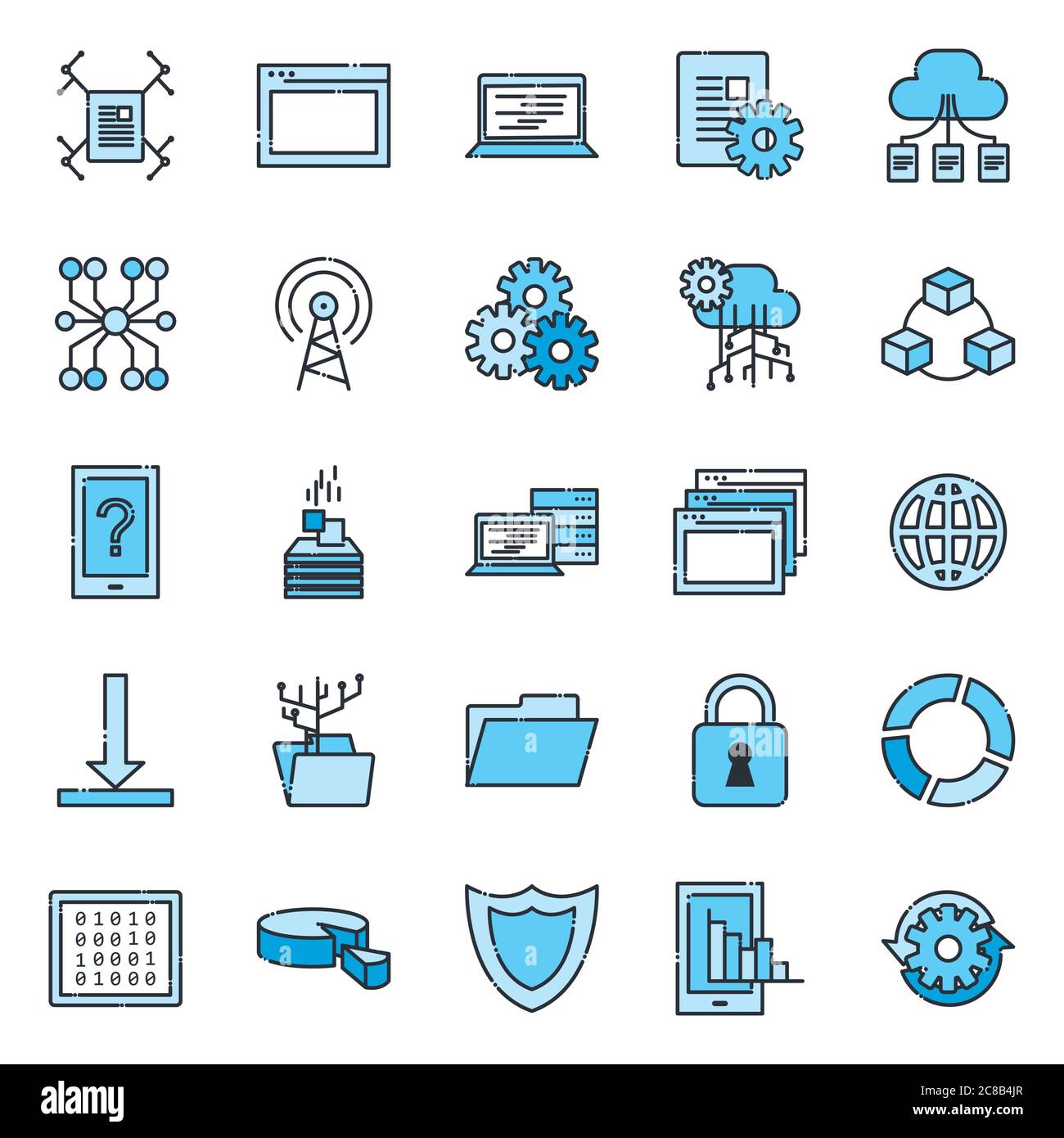 Big data line and fill style icon set design, Web hosting center base security system and ...