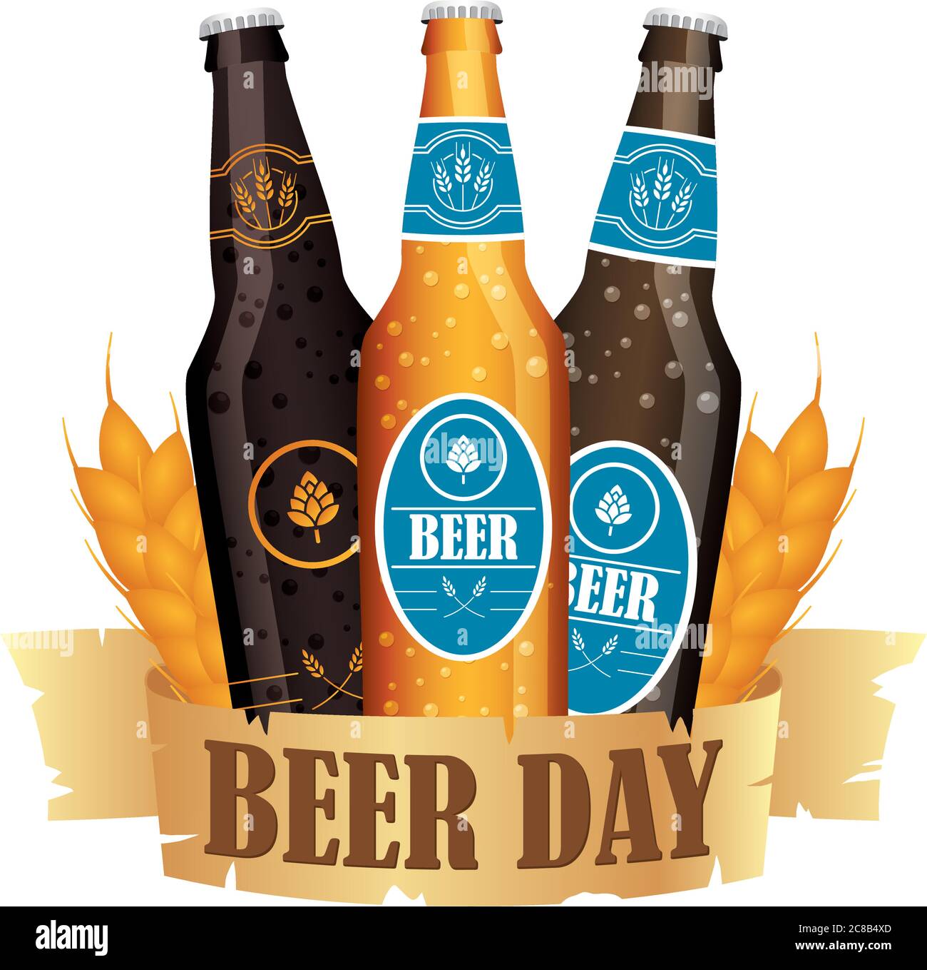 bottles with beer day ribbon design, Pub alcohol bar brewery drink ale ...
