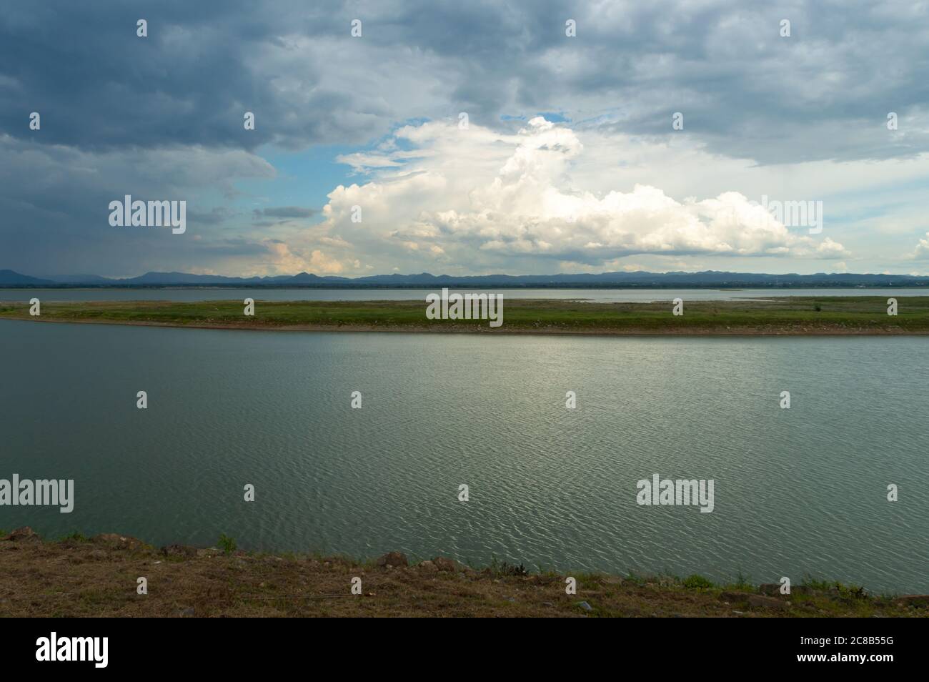 Landscape of Pasak Jolasid Dam with little water capacity Stock Photo ...