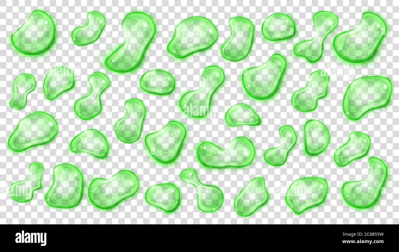 Set of green translucent water drops of different shapes with shadows ...