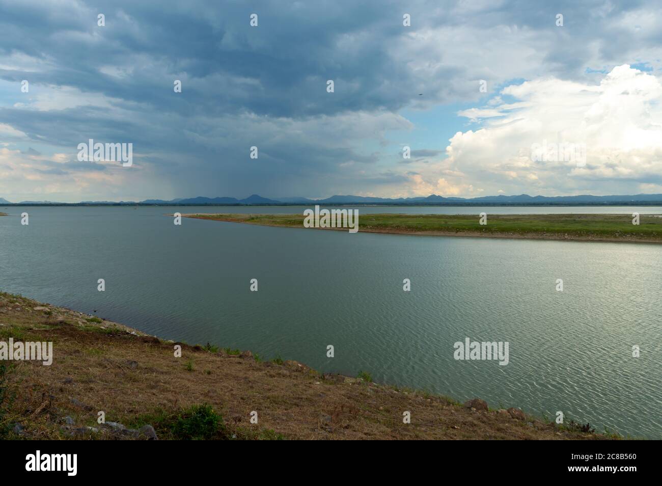 Landscape of Pasak Jolasid Dam with little water capacity Stock Photo ...