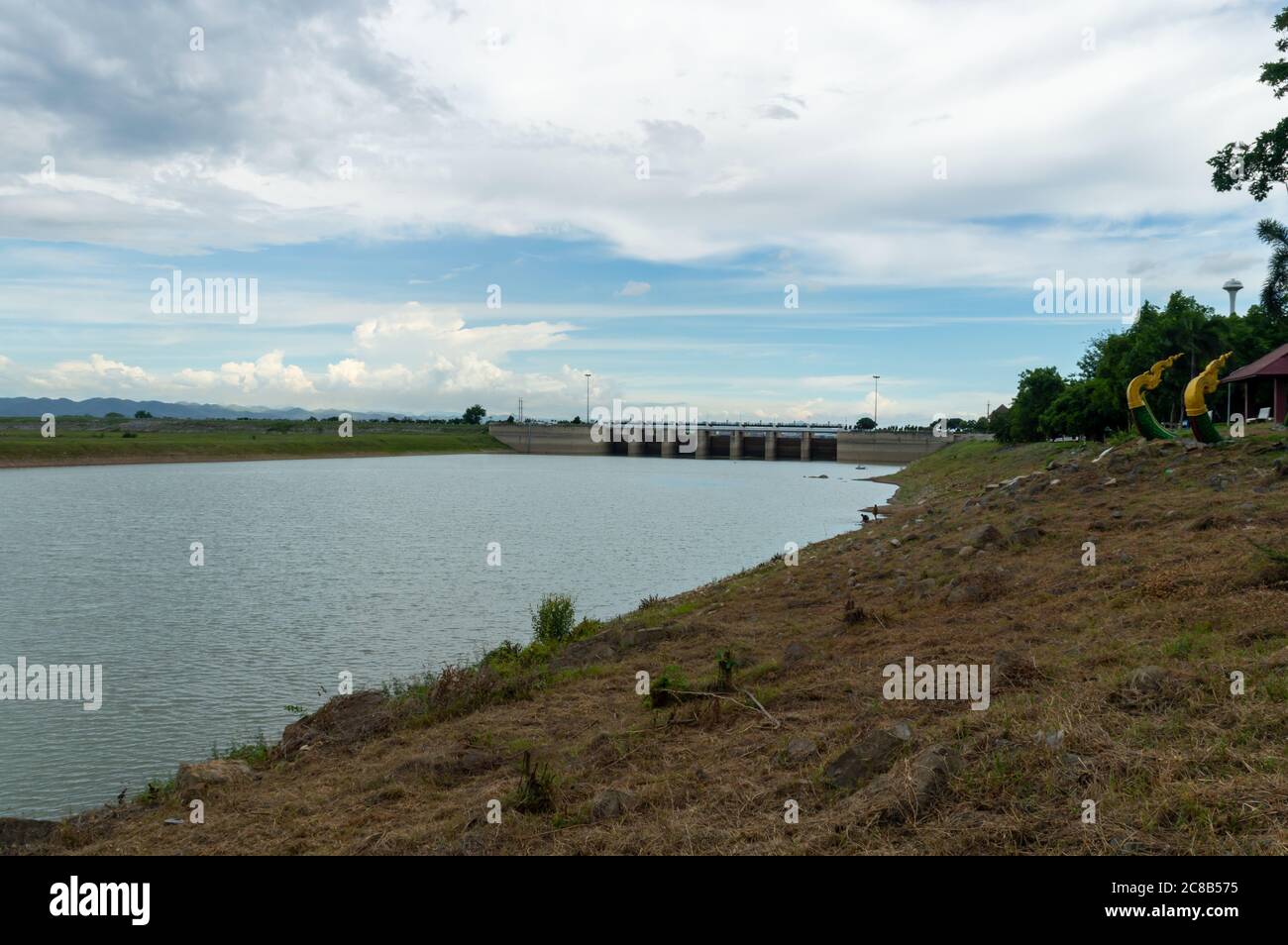 Landscape of Pasak Jolasid Dam with little water capacity Stock Photo ...