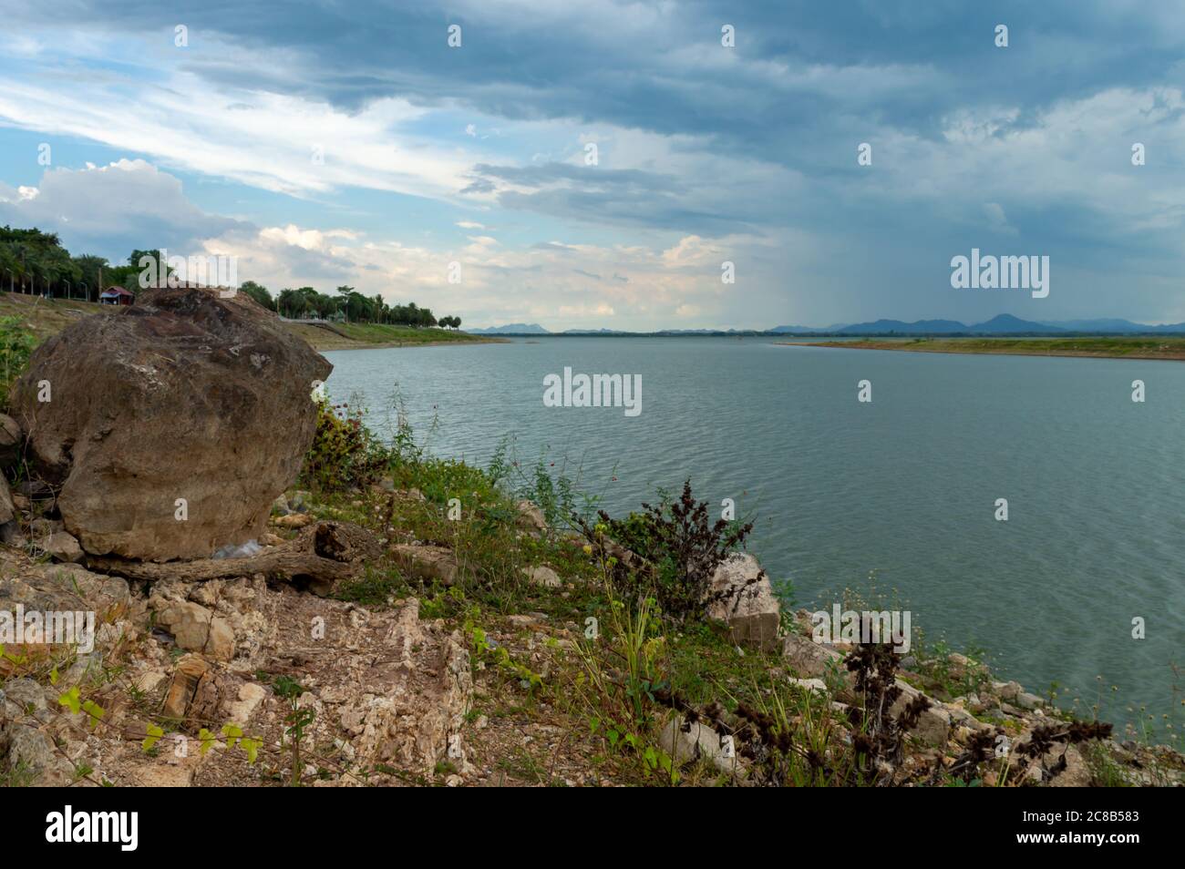 Landscape of Pasak Jolasid Dam with little water capacity Stock Photo ...