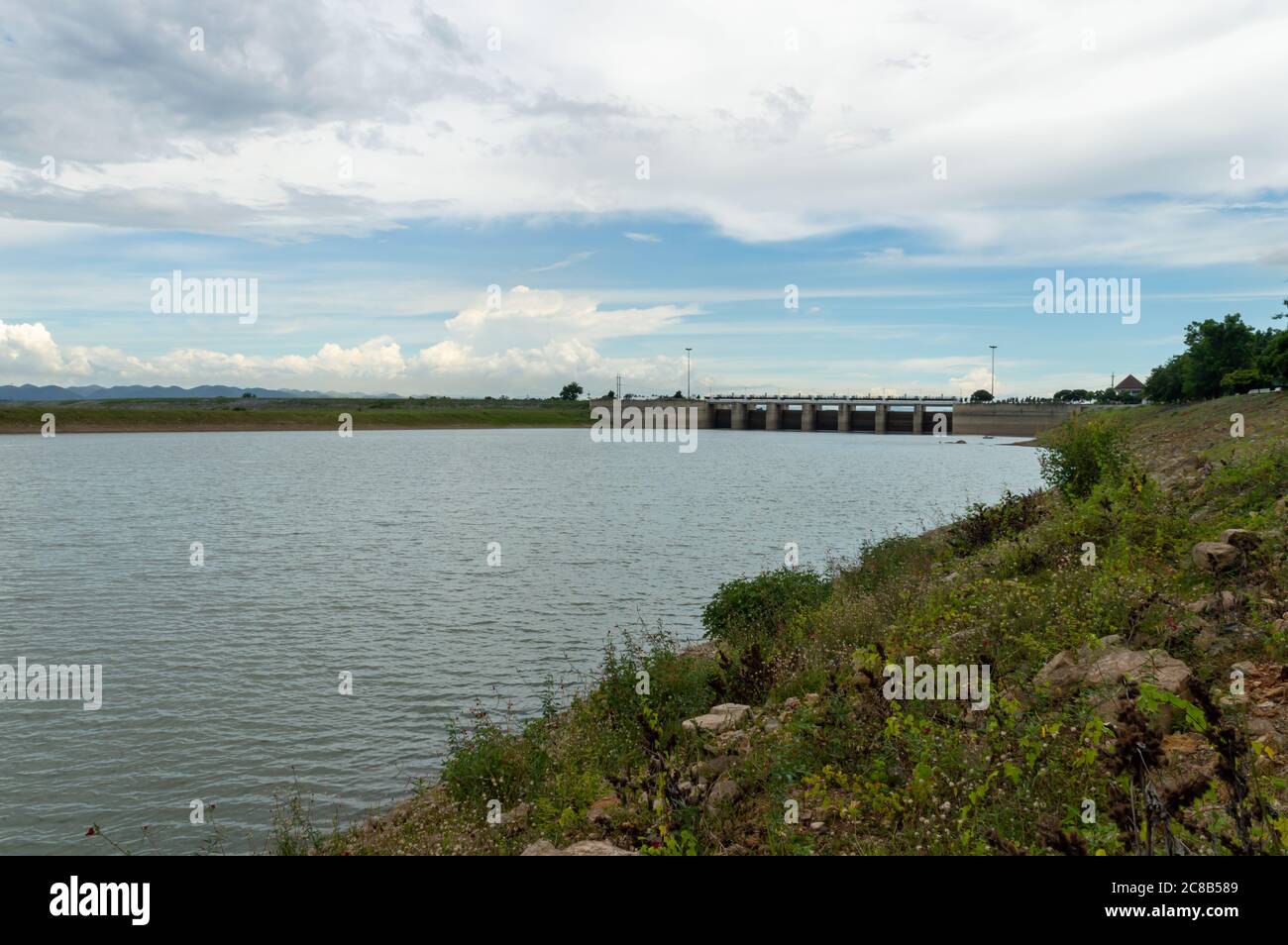 Landscape of Pasak Jolasid Dam with little water capacity Stock Photo ...