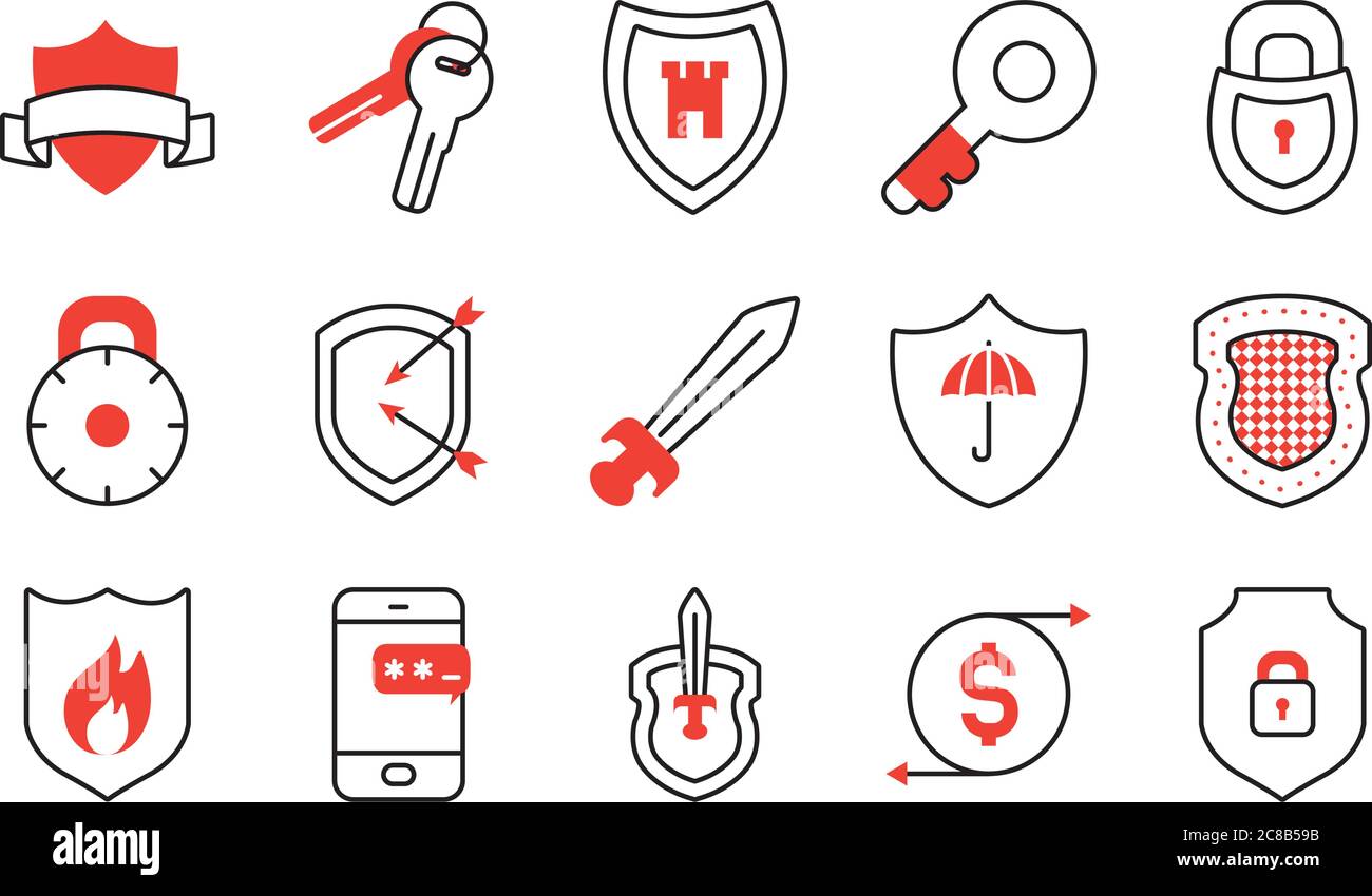 sword and security shield icon set over white background, half line ...