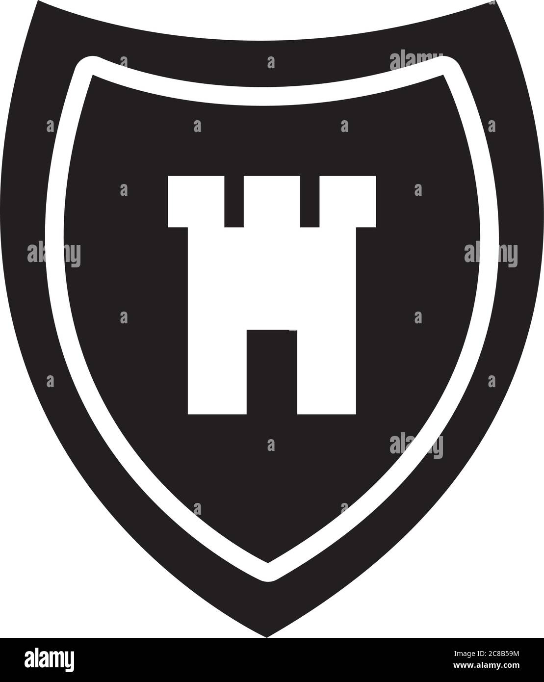 shield with medieval tower icon over white background, half line half ...