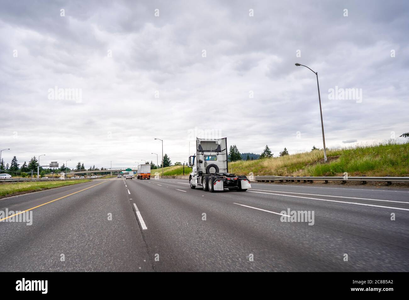 Big rig white shiny industrial diesel high cab powerful semi truck ...