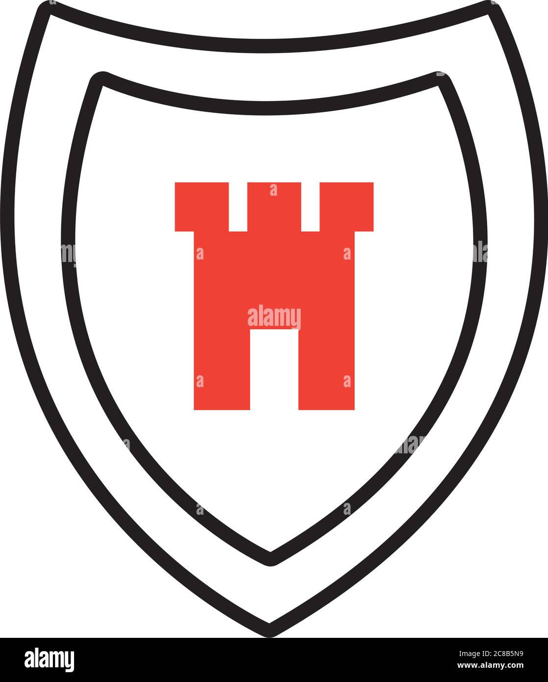 shield with medieval tower icon over white background, half line half ...