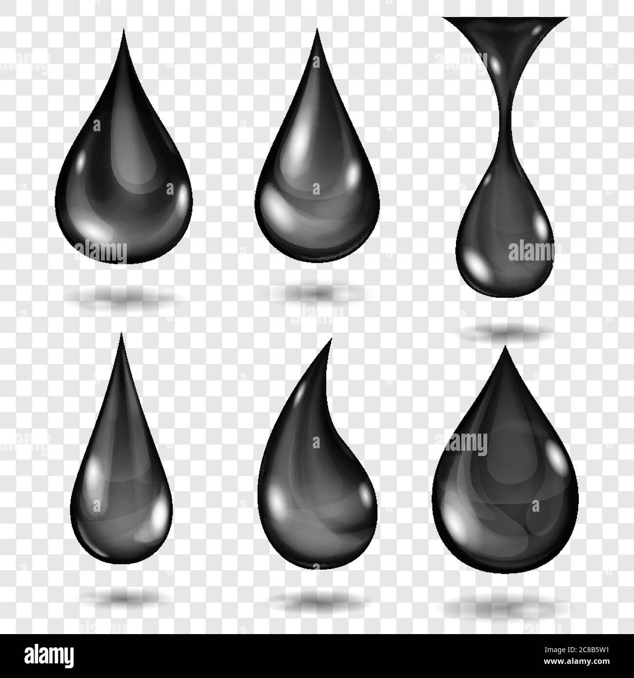 Set of translucent drops in black colors, isolated on transparent ...