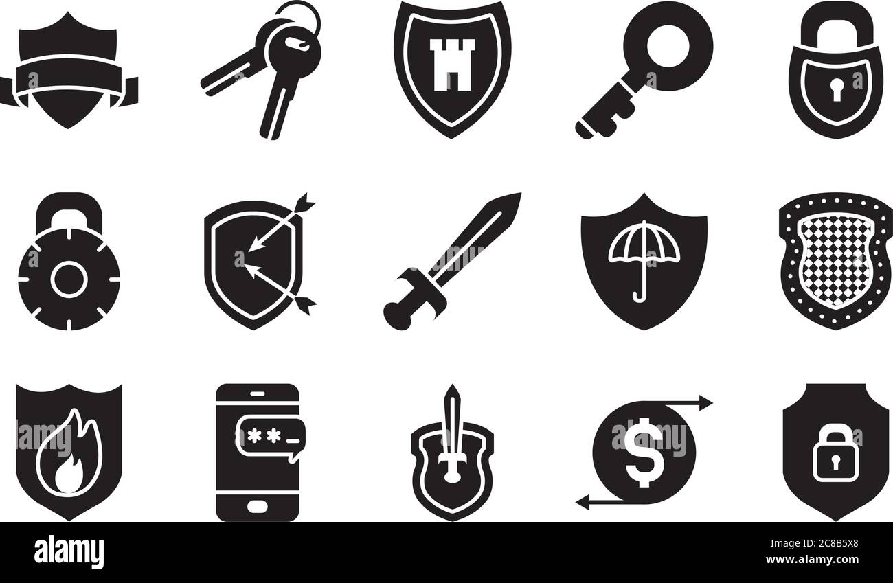 sword and security shield icon set over white background, half line ...