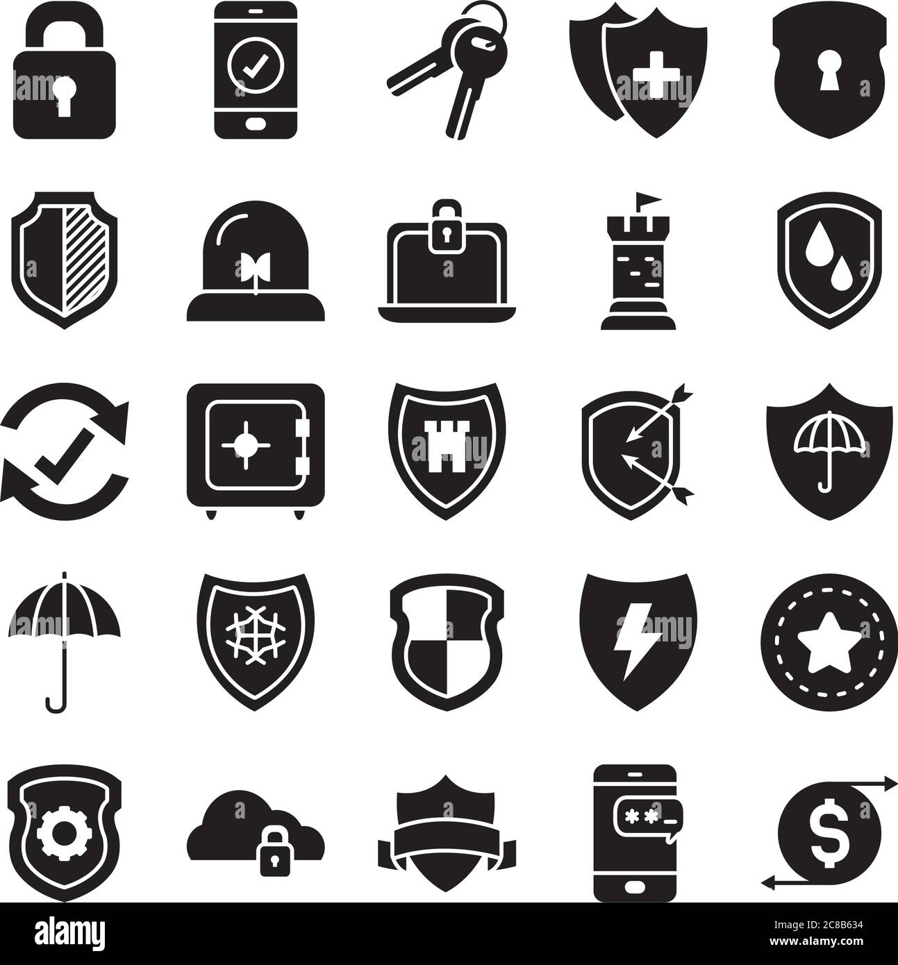 keys and shield icon set over white background, silhouette, vector ...