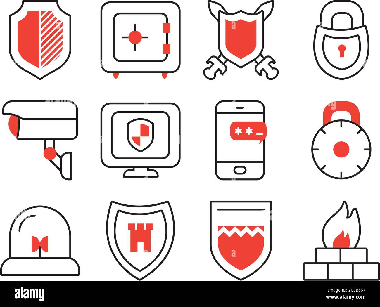strongbox and shield icon set over white background, half line half ...
