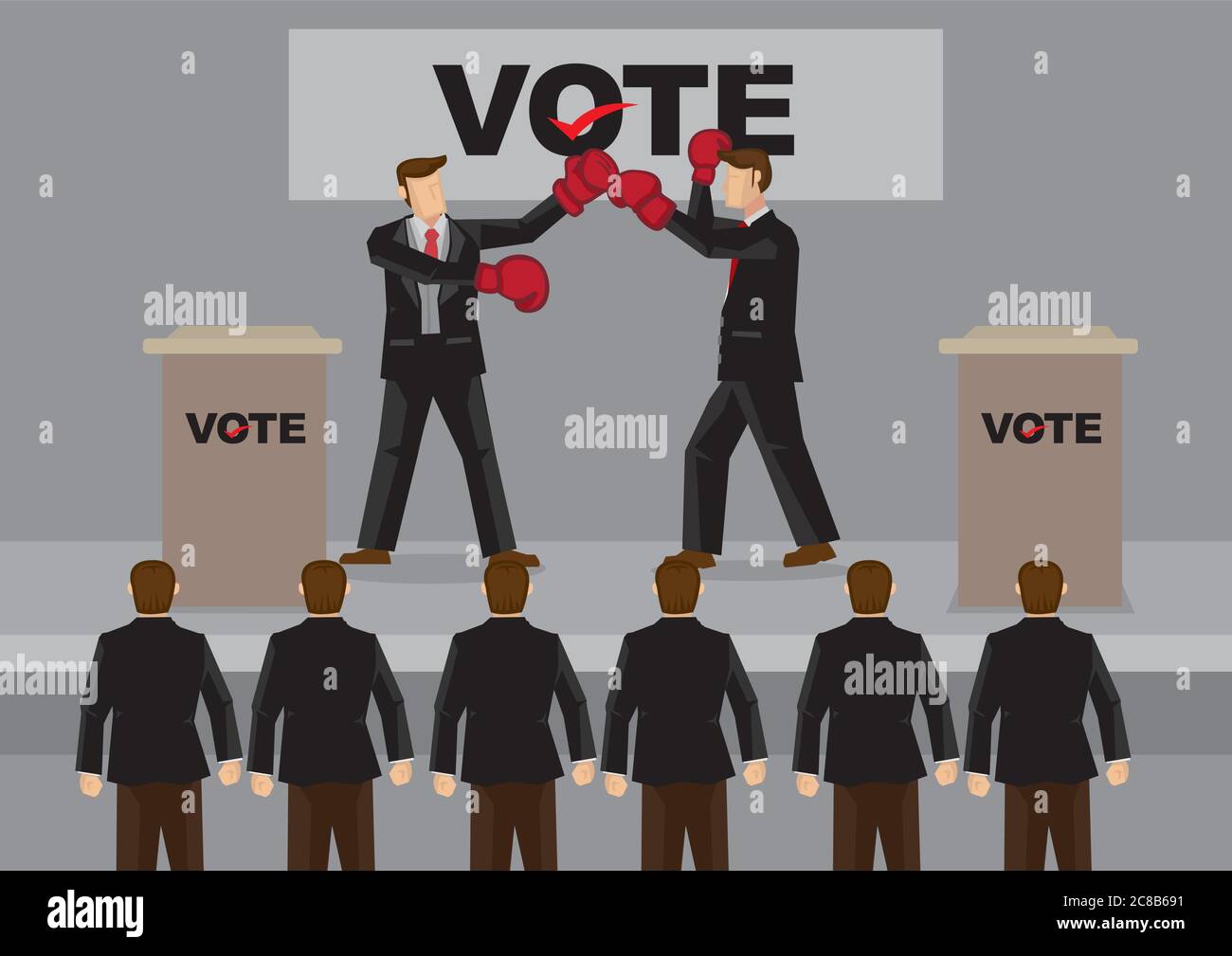 Vector illustration of two candidates fighting on stage and banner ...
