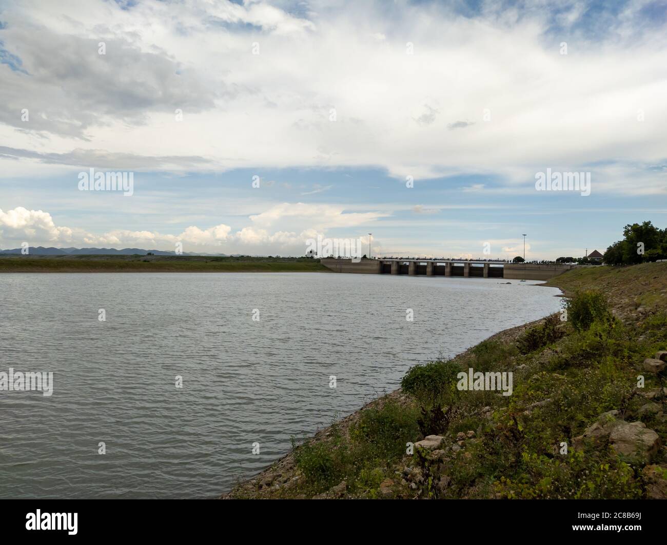 Landscape of Pasak Jolasid Dam with little water capacity Stock Photo ...