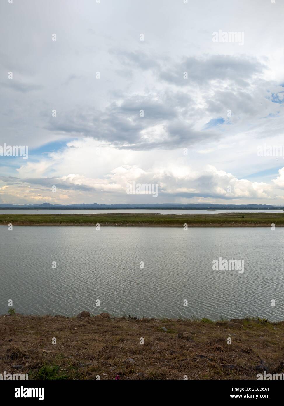 Landscape of Pasak Jolasid Dam with little water capacity Stock Photo ...