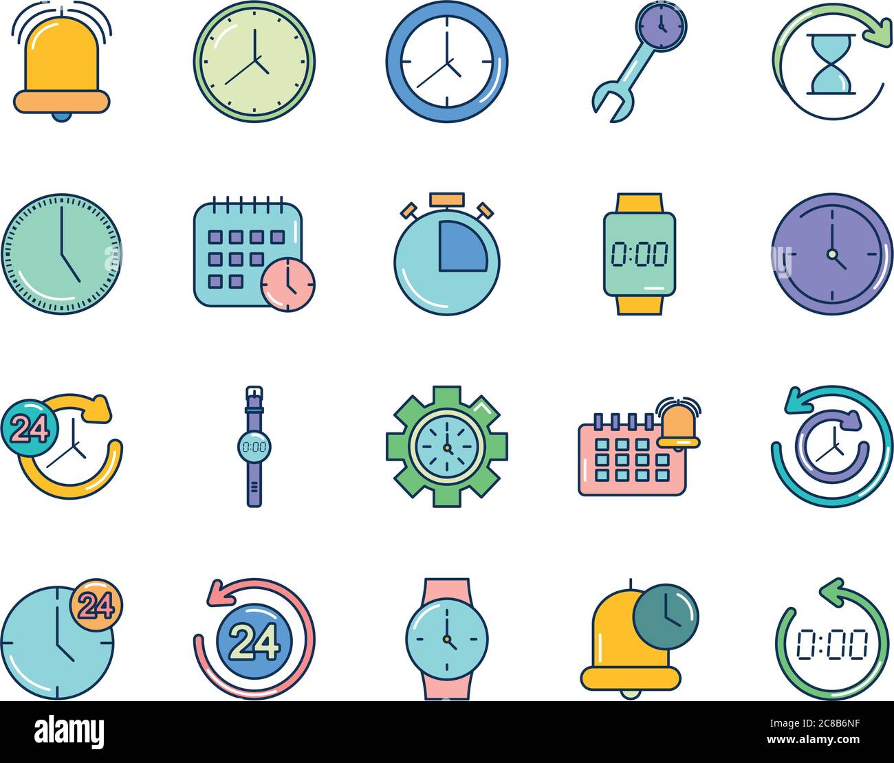 bell and time icon set over white background, line fill style, vector ...