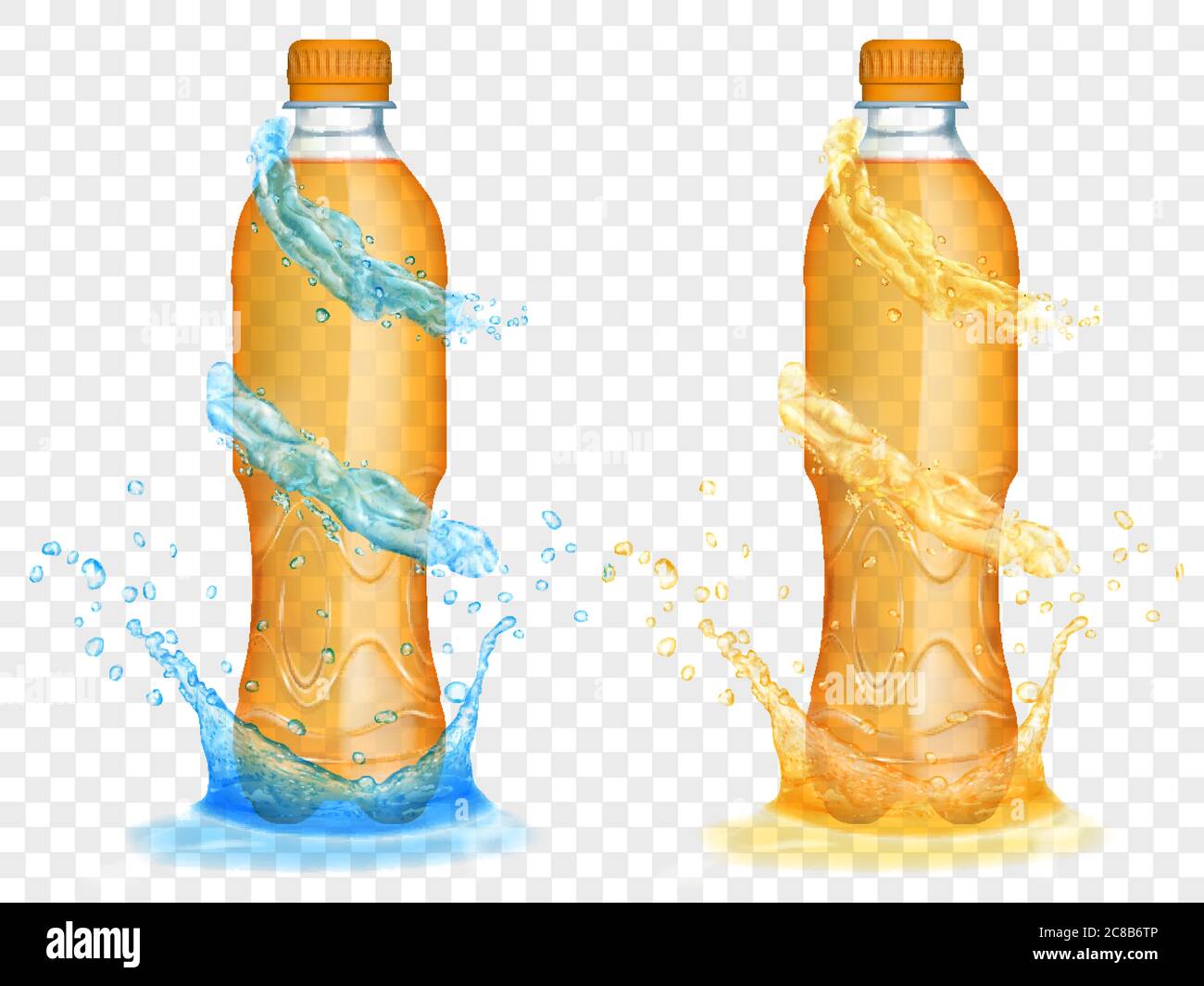 Two translucent plastic bottles filled with orange juice, with light ...