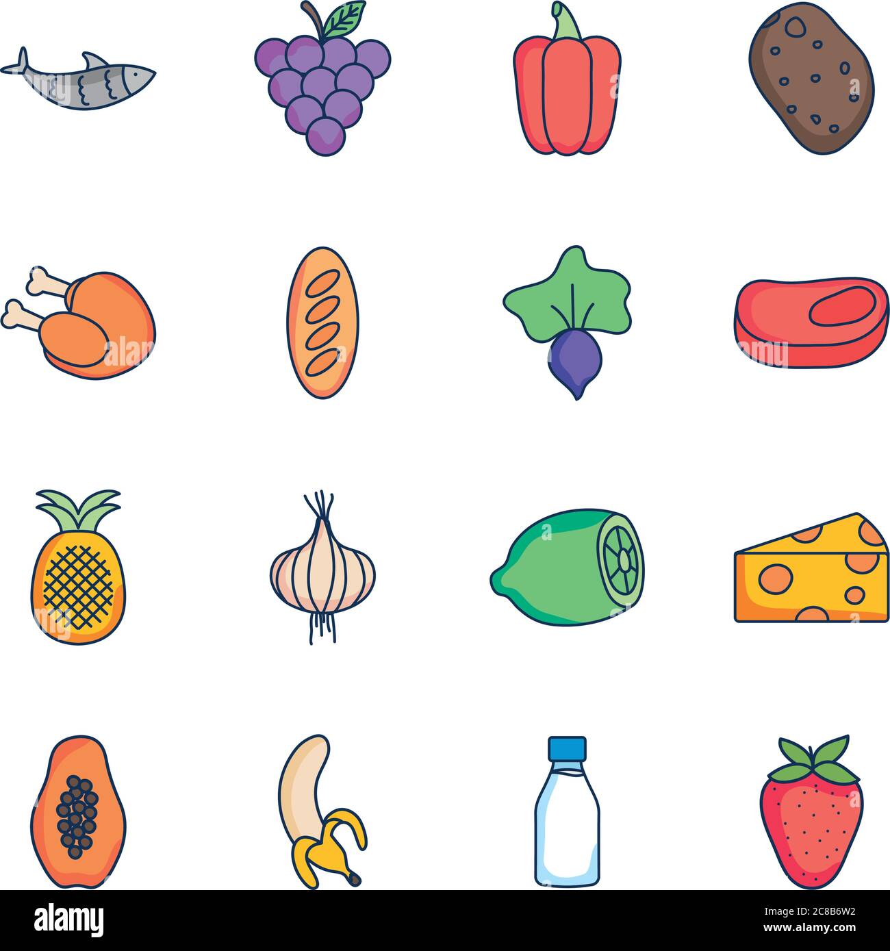 fruits and healthy food icon set over white background, line fill style ...