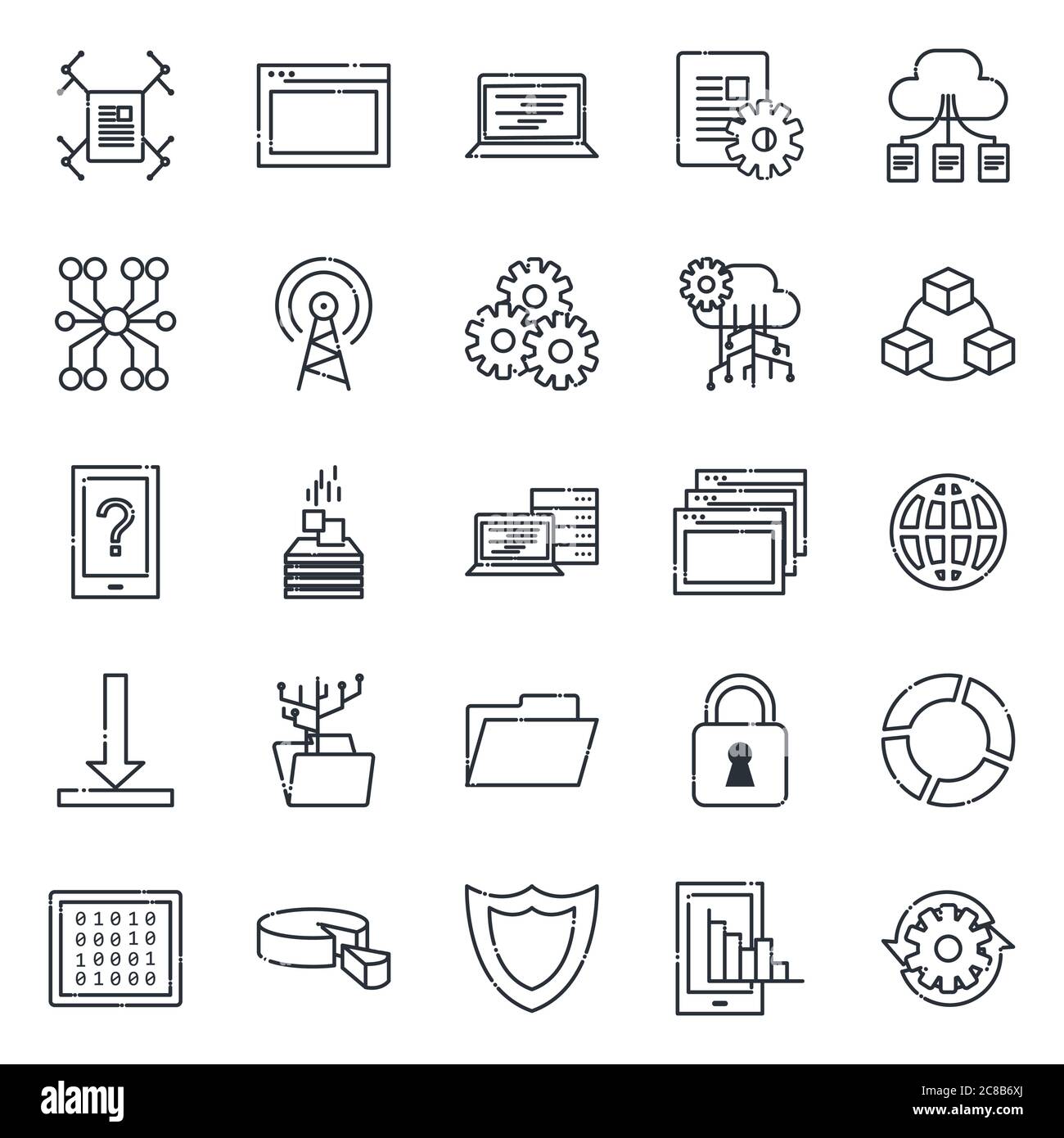 Big data line style icon set design, Web hosting center base security system and hardware Vector ...