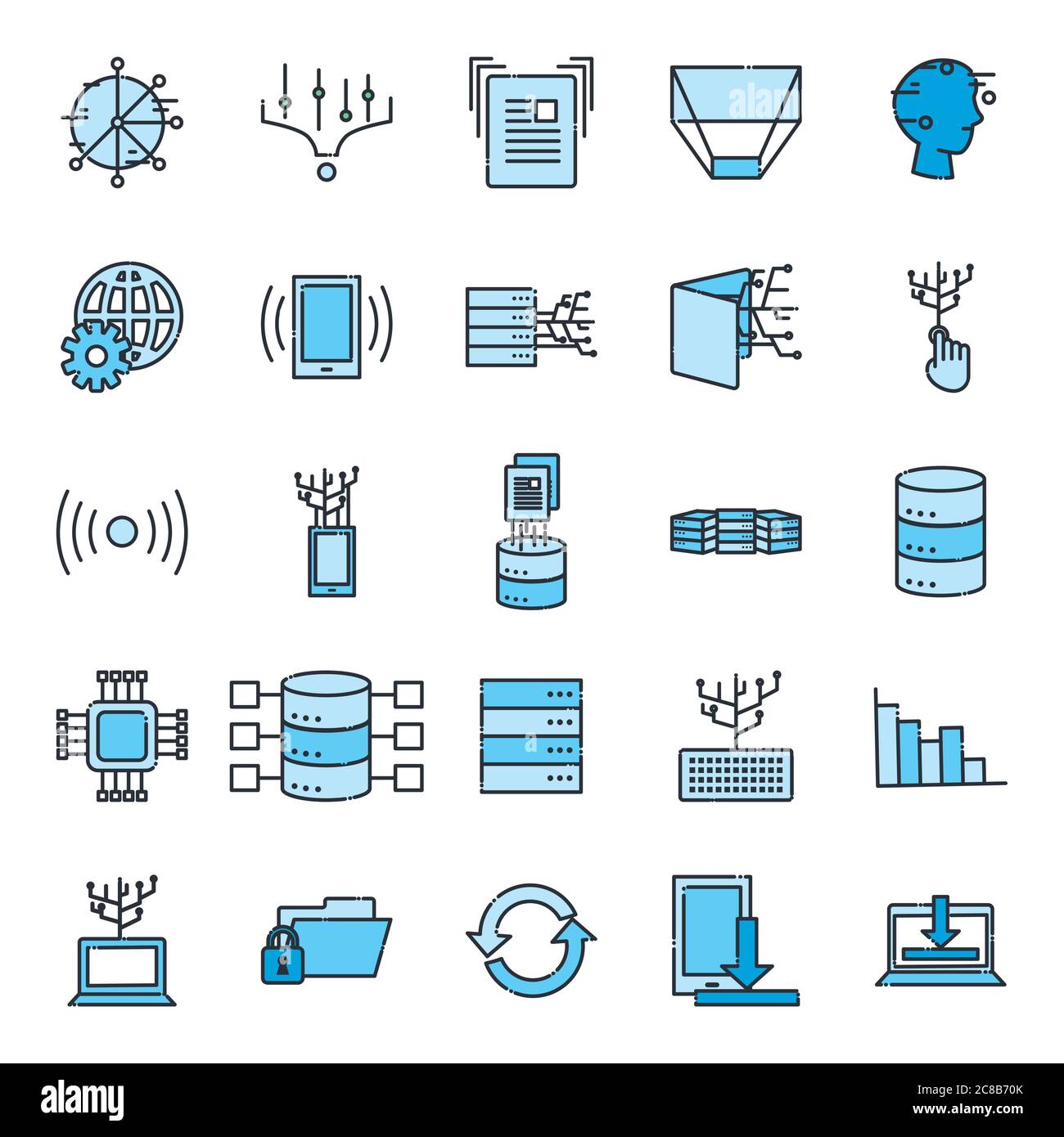 Big data line and fill style icon set design, Web hosting center base security system and ...