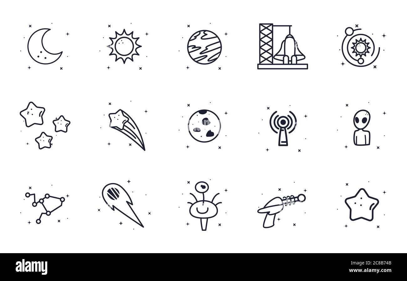 line style icon set of Space futuristic cosmos and universe theme ...