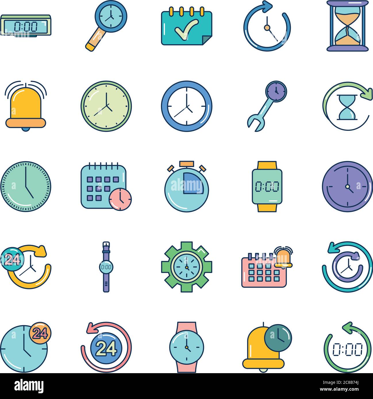 smartwatch and time icon set over white background, line fill style ...