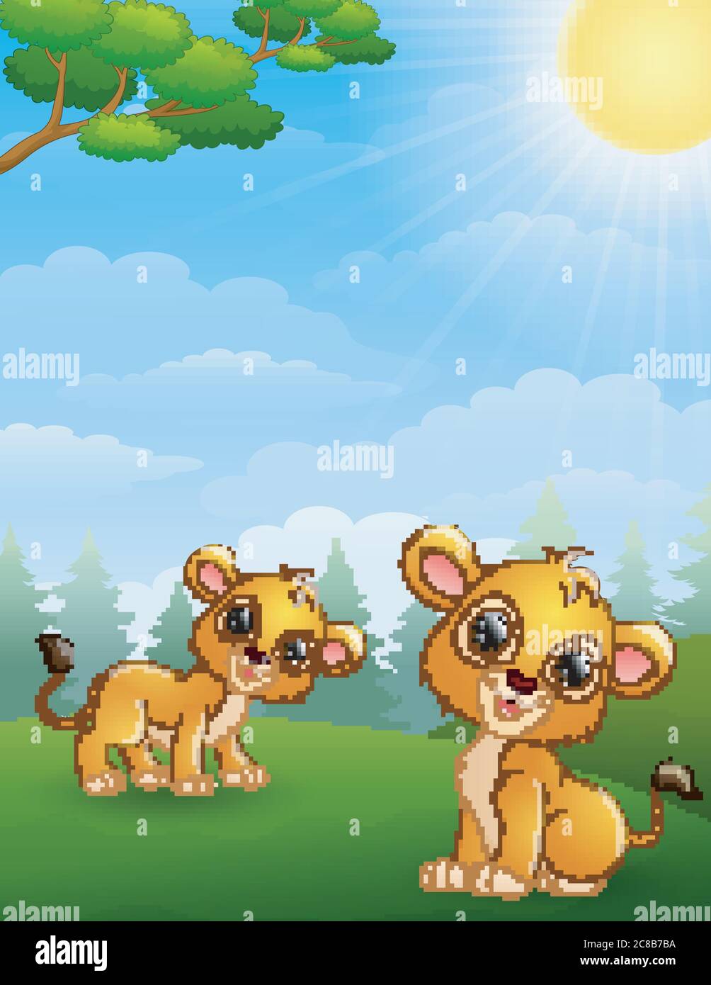 Two lion cub cartoon in the jungle Stock Vector Image & Art - Alamy