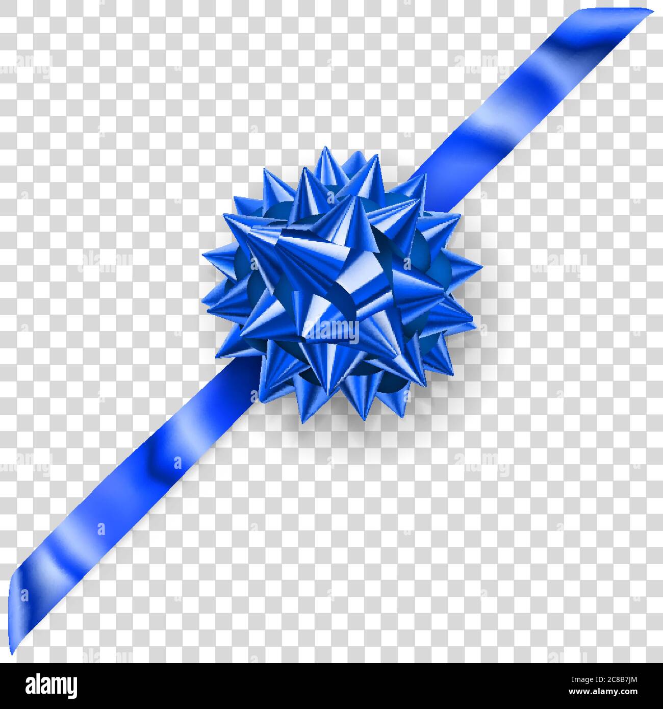 Beautiful blue shiny bow with diagonally ribbon with shadow on ...