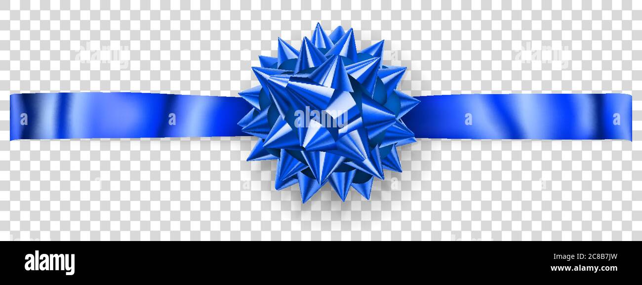 Beautiful blue shiny bow with horizontal ribbon with shadow on ...