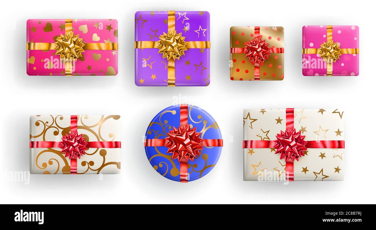 Set of square, rectangle and circle colorful gift boxes with ribbons ...