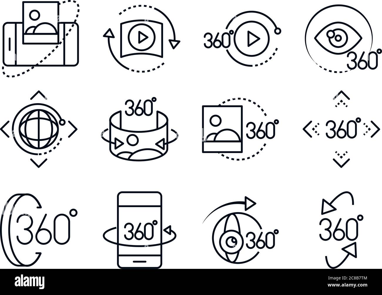 360 degree view virtual tour image panorama linear style icons set ...