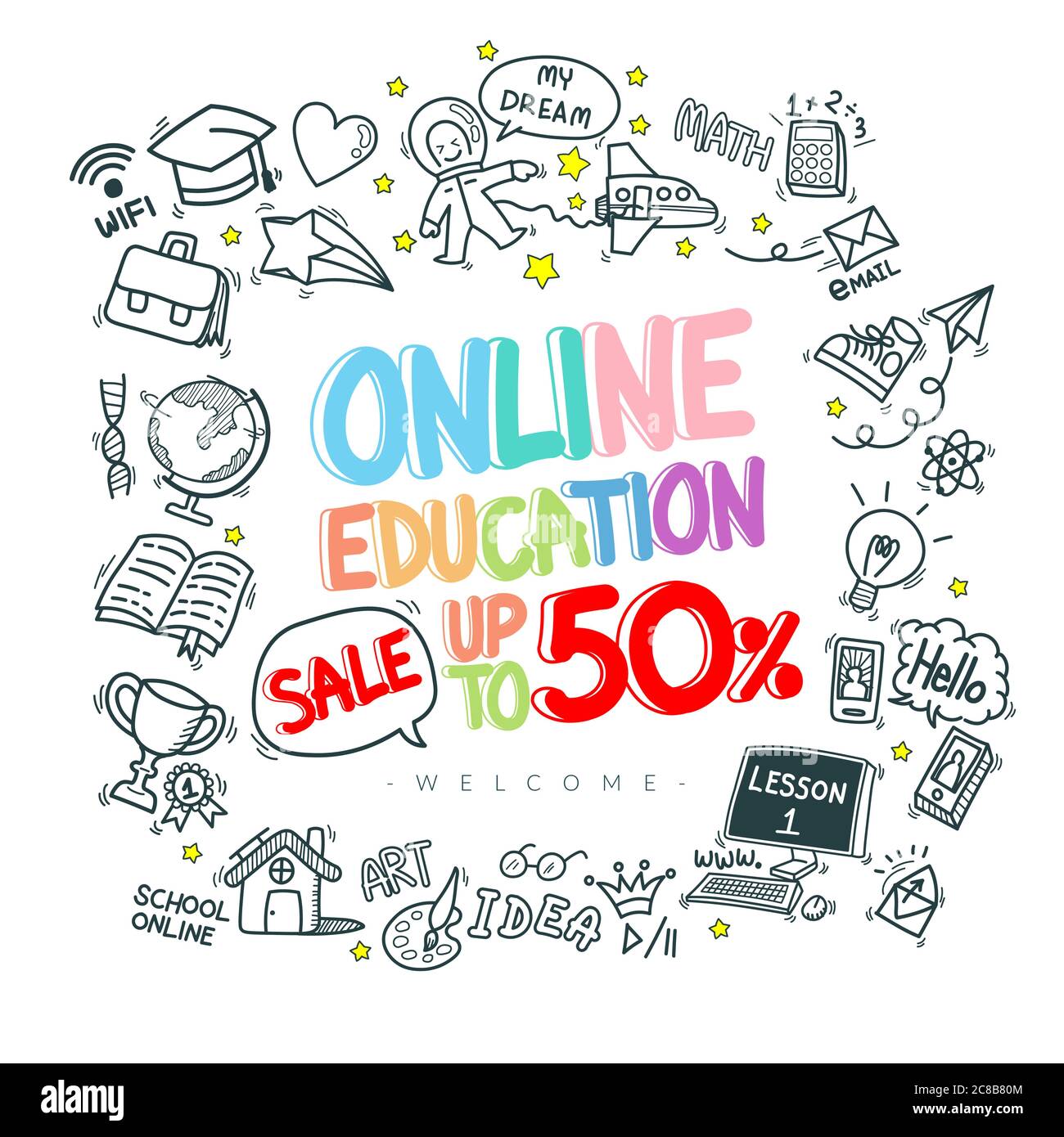 school doodle icons. hand drawn education sign and stationery item ...