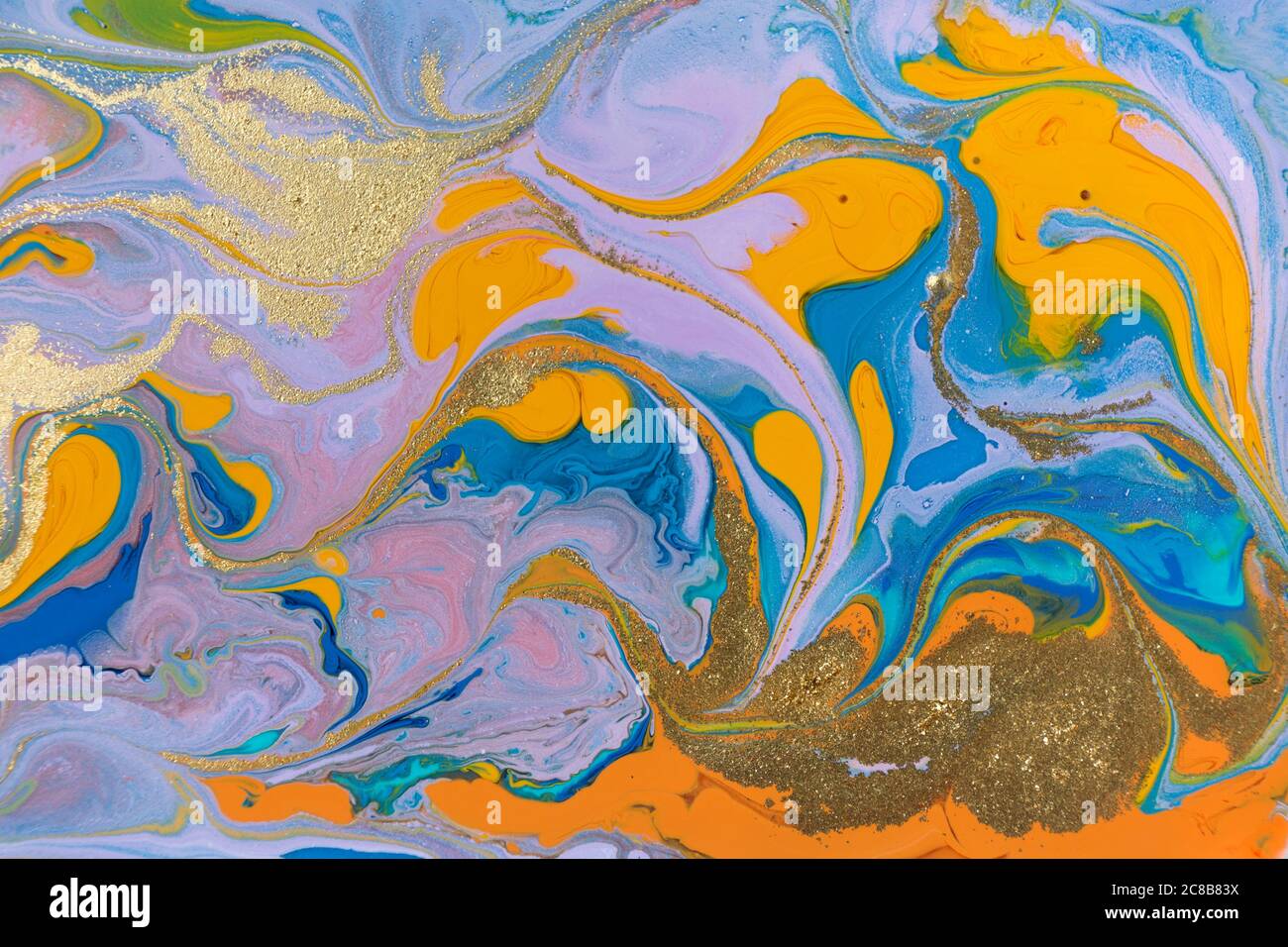 Blue and orange marbling liquid background. Fluid art abstract texture ...