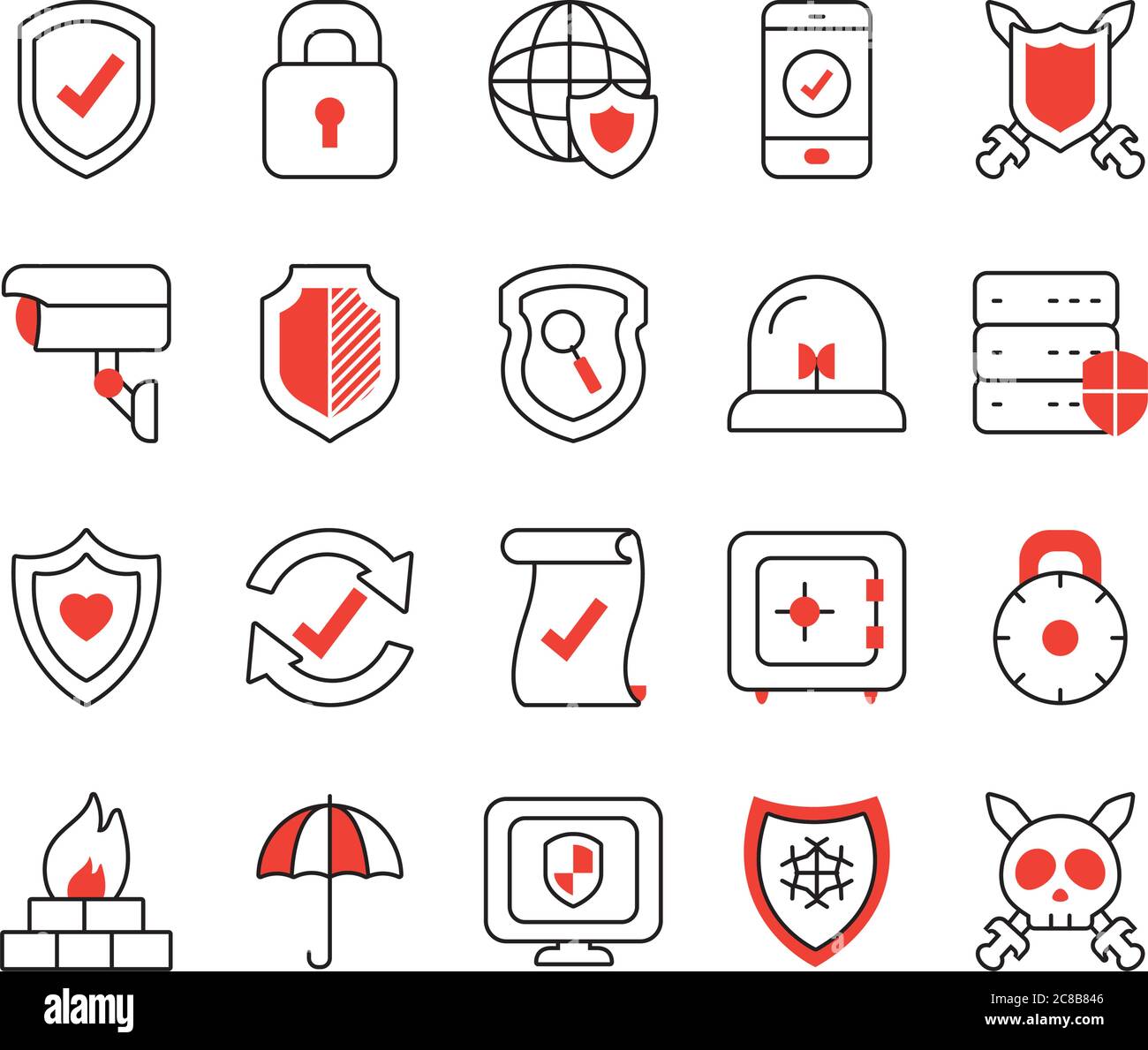padlock and shield icon set over white background, half line half color ...
