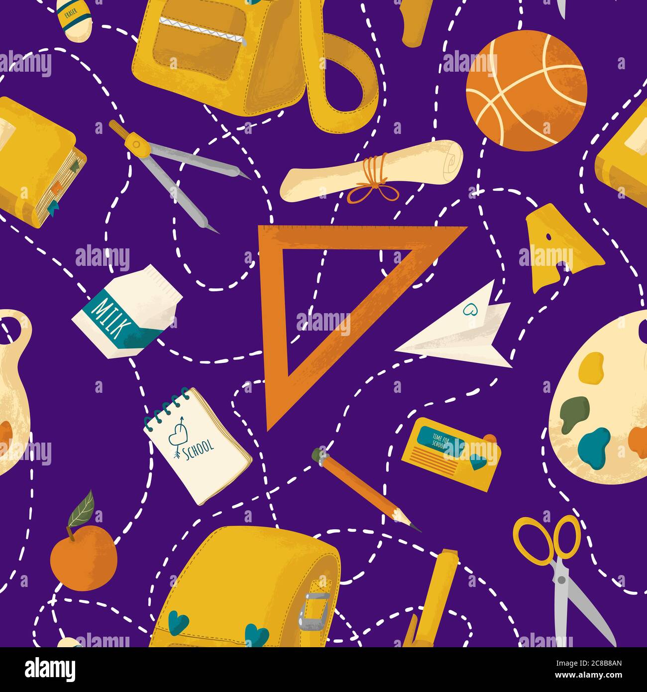 School supplies vector seamless pattern with texture. Back to school ...