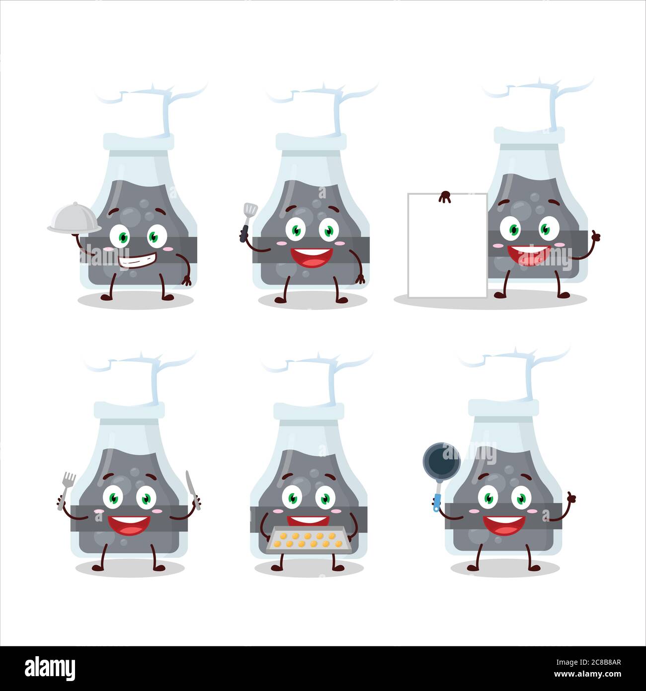 Cartoon character of black potion with various chef emoticons Stock ...