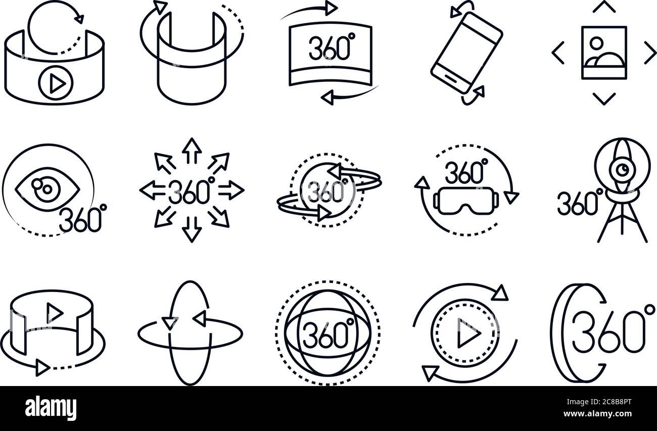 360 degree view virtual tour image panorama linear style icons set ...