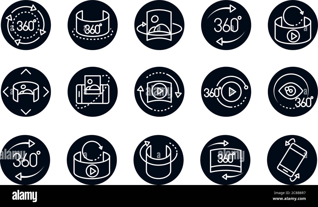 360 degree view virtual tour image panorama linear style icons set ...