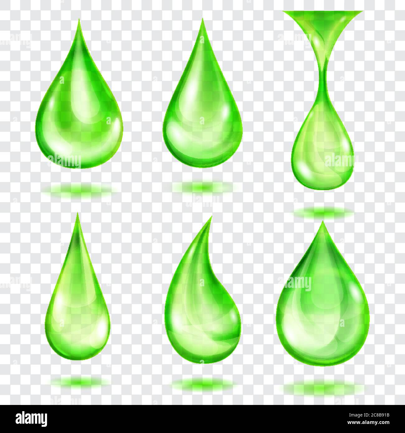 Set of translucent drops in green colors, isolated on transparent ...