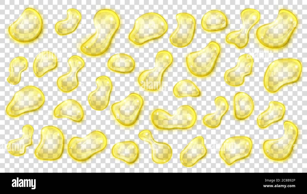 Set of yellow translucent water drops of different shapes with shadows ...