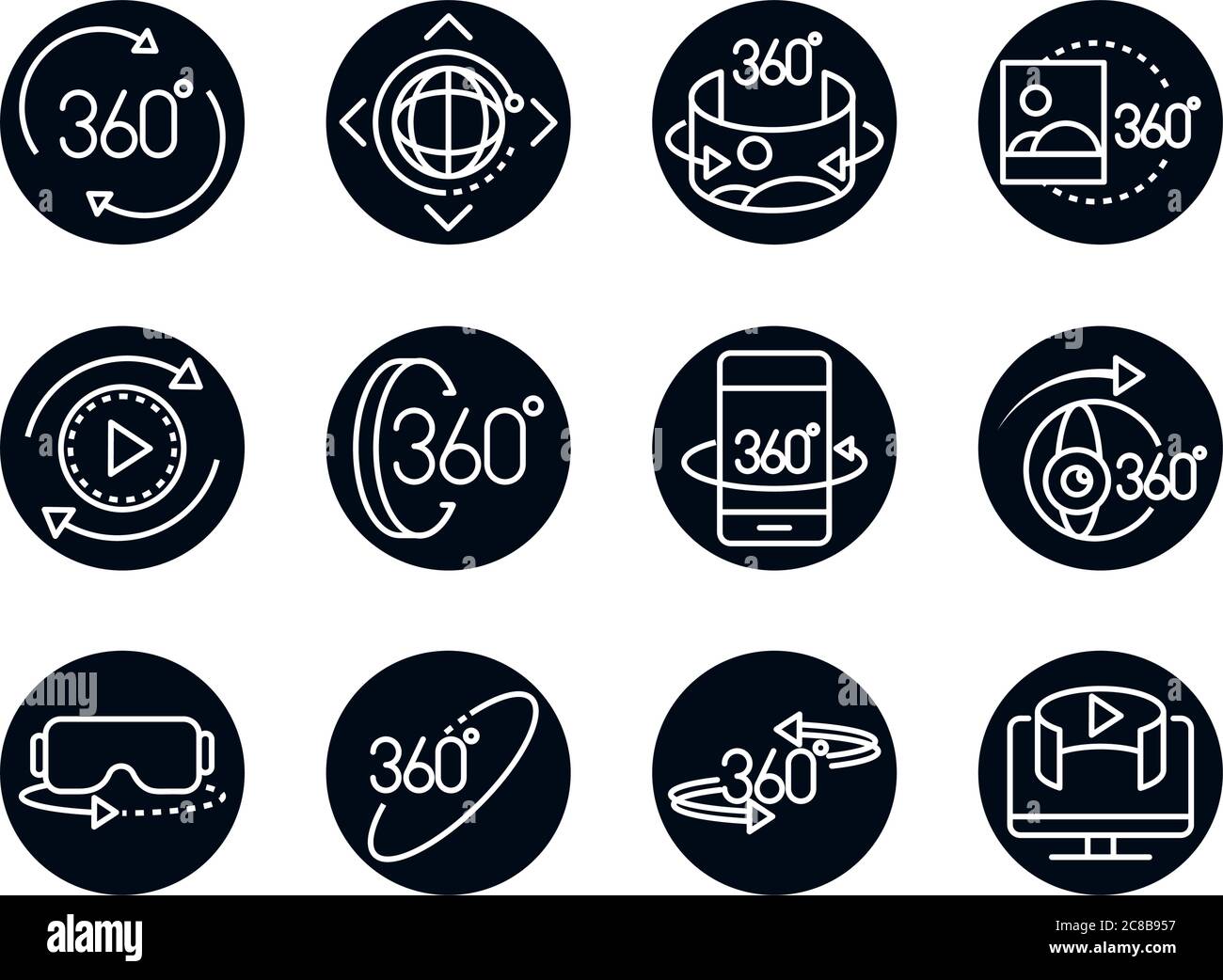 360 degree view virtual tour image panorama linear style icons set ...