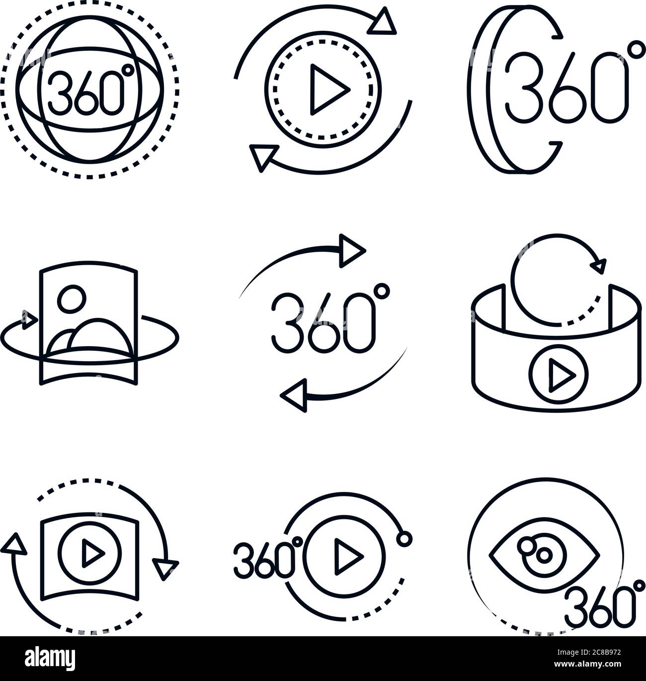 360 degree view virtual tour image panorama linear style icons set ...