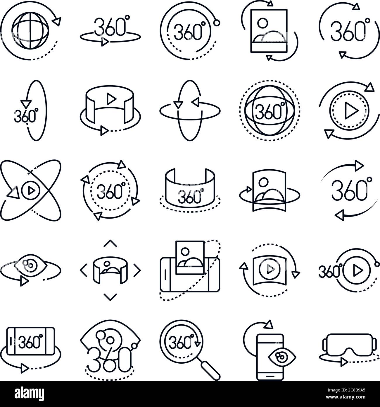 360 degree view virtual tour image panorama linear style icons set ...