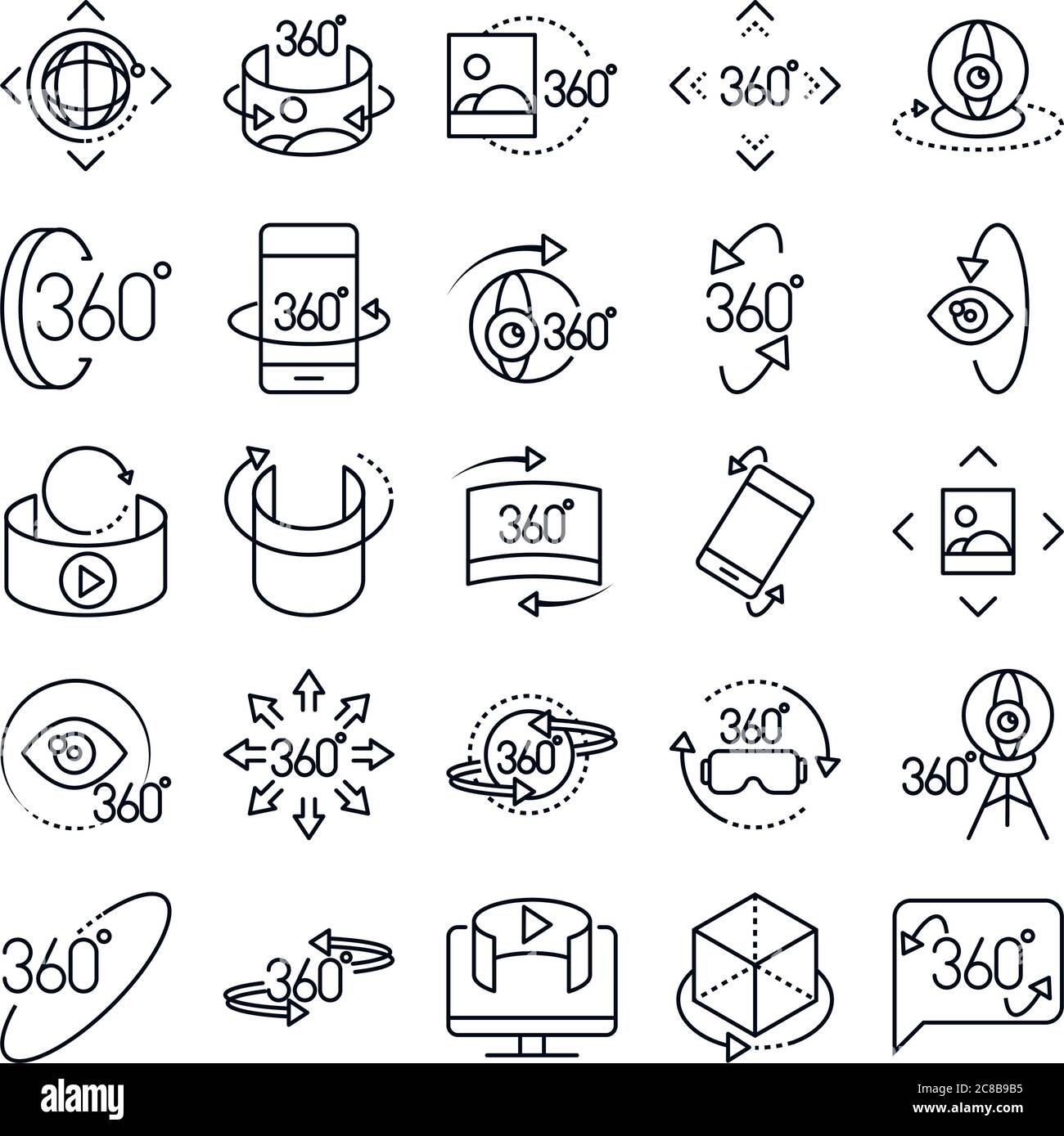 360 degree view virtual tour image panorama linear style icons set design vector illustration ...