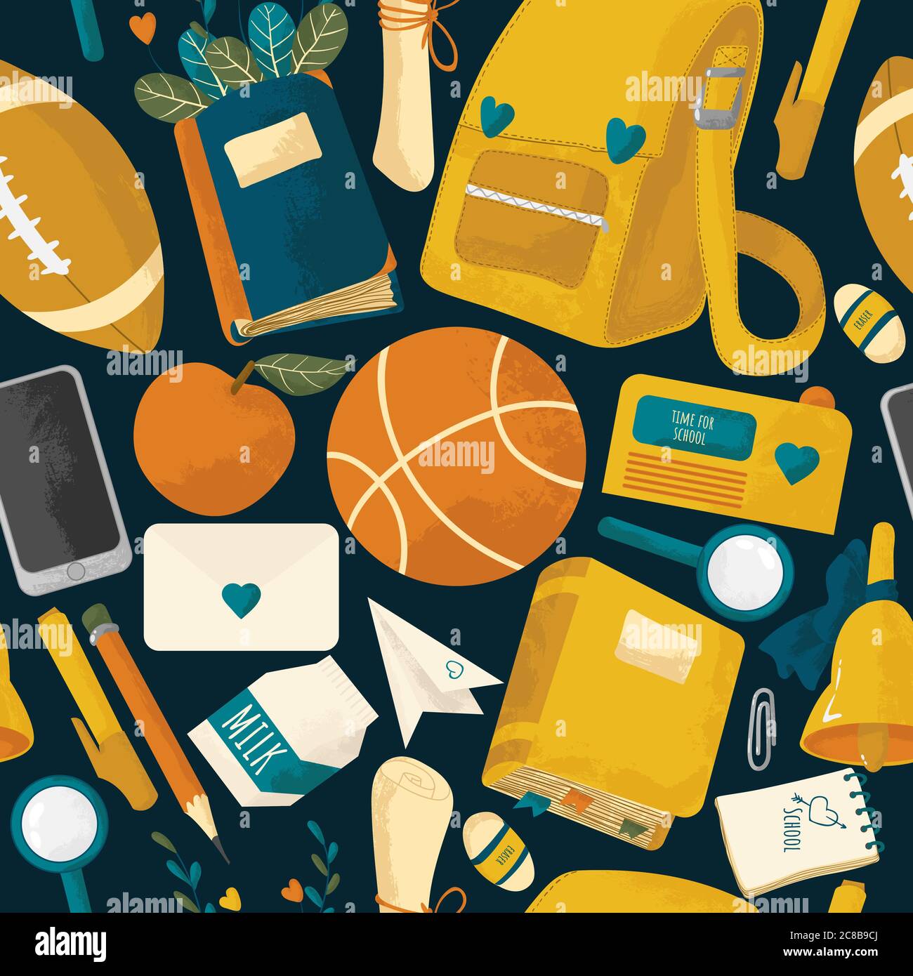 School supplies vector seamless pattern with texture. Back to school ...