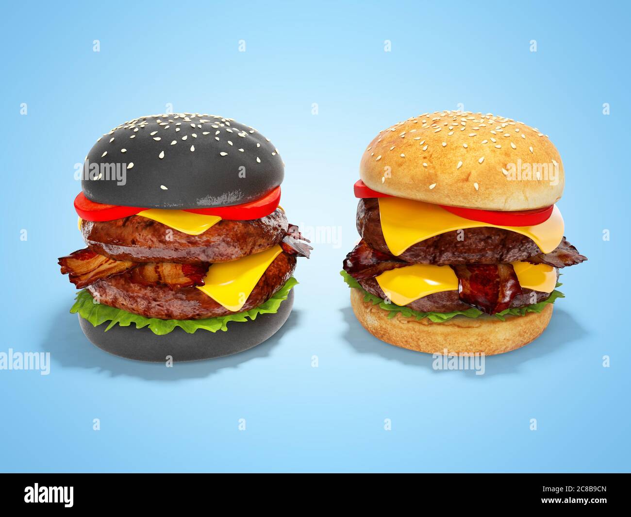 Black and white burger 3d render illustration on blue background with ...