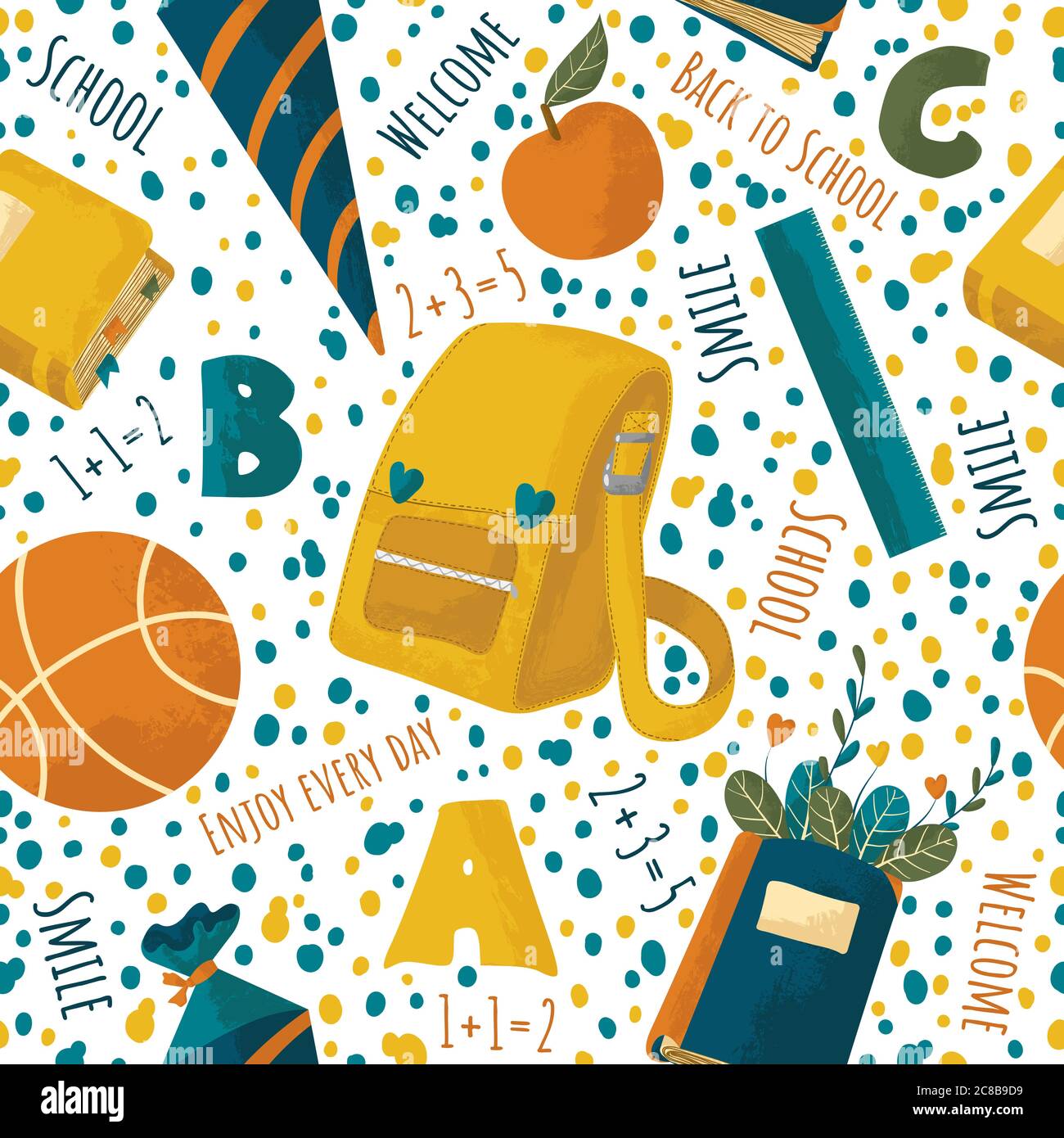 School supplies vector seamless pattern with texture. Back to school ...