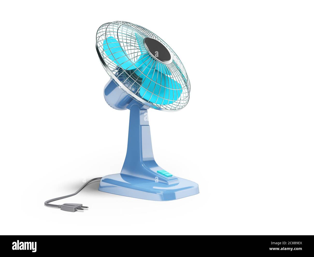 Blue fan to cool the office desktop 3d render on white background with ...