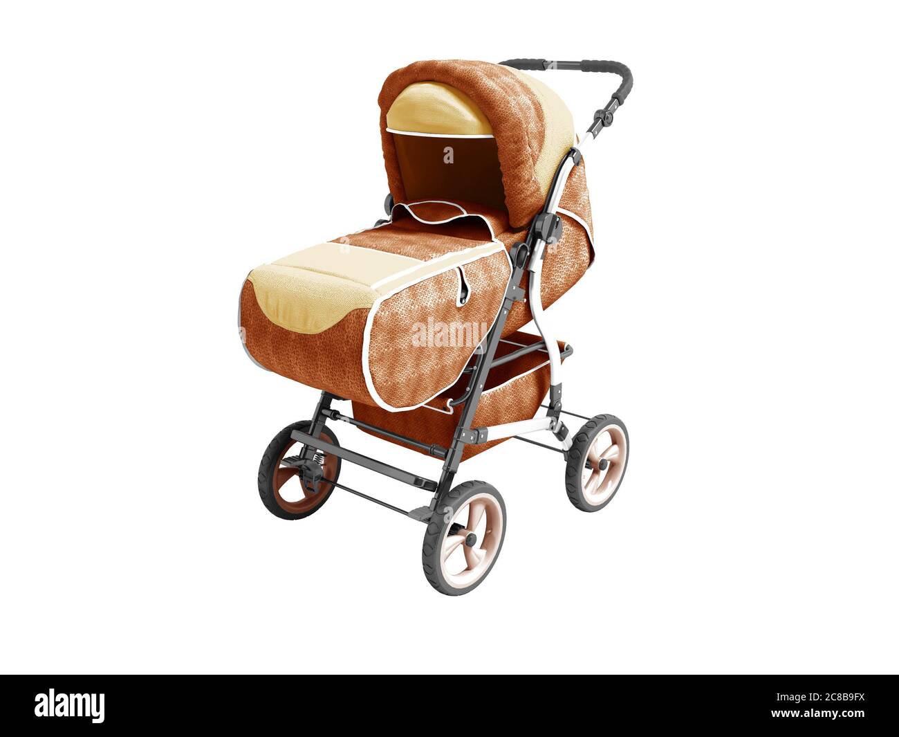 Brown leather stroller with baby cloth isolated 3d render on white ...
