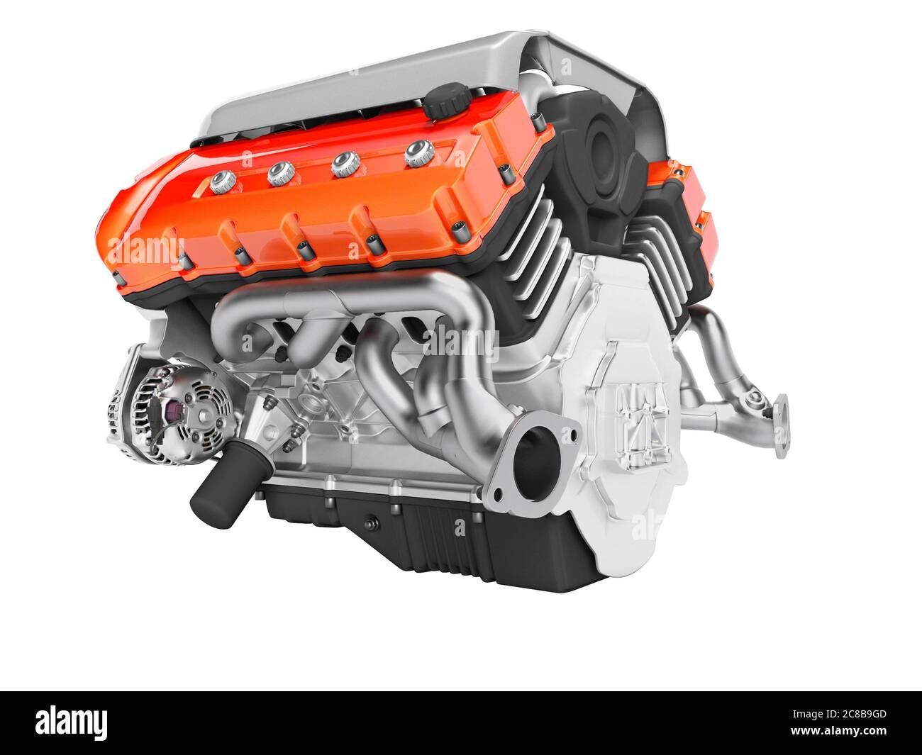 Car engine cast iron red with starter 3d render on white background no ...